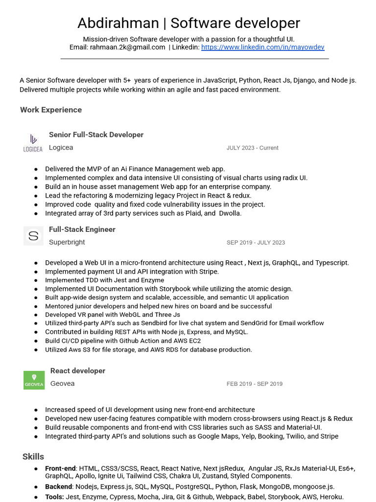 Abdirahman Mayow - Software Developer | PDF | Software Development | Computing