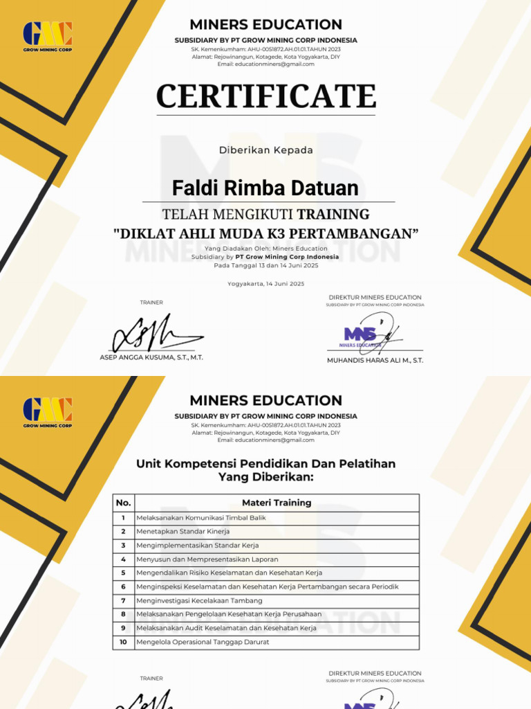 Sertifikat Training - Diklat Ahli Muda K3 Pertambangan - Faldi Rimba Datuan | PDF
