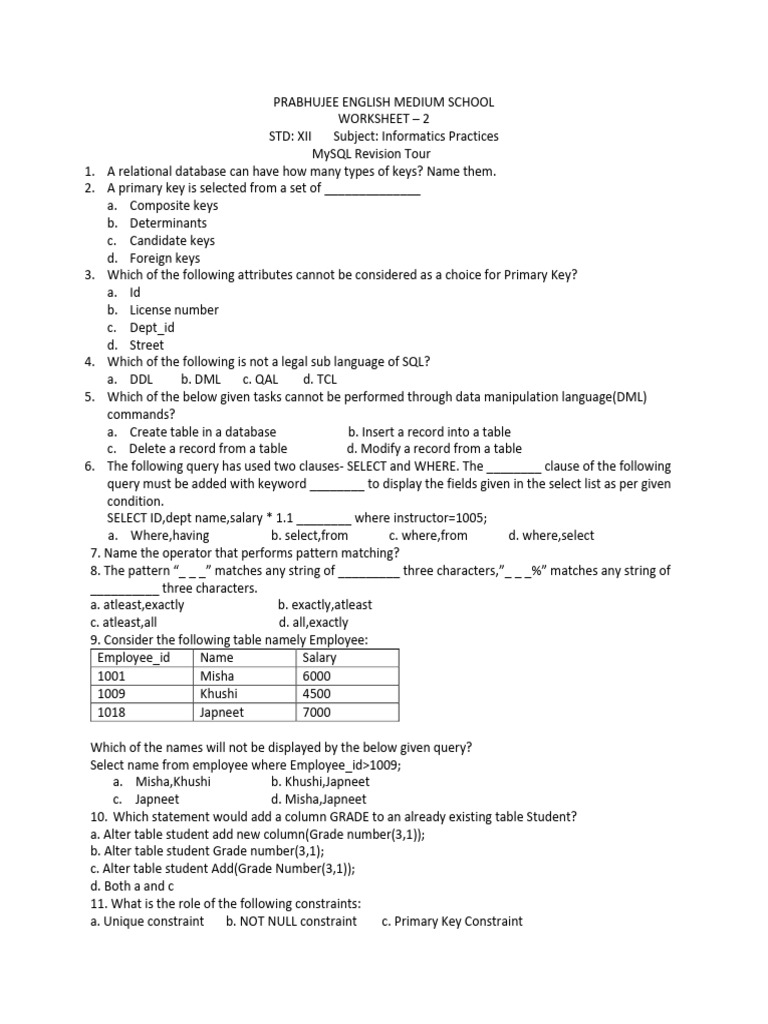 Worksheet 2 - Mysql Revision | PDF | Table (Database) | Computer Programming