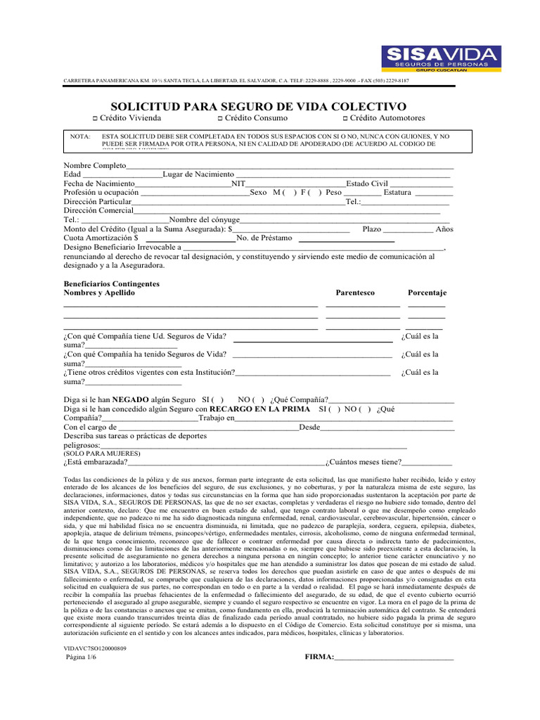 Solicitud Seguro de Vida Colectivo - CREDISEGUROS | PDF | Póliza de seguros | Seguro