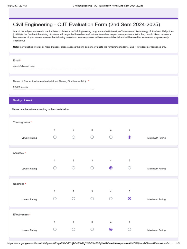 REYES, Archie - OJT Evaluation Form (2nd Sem 2024-2025) - Google Forms ...