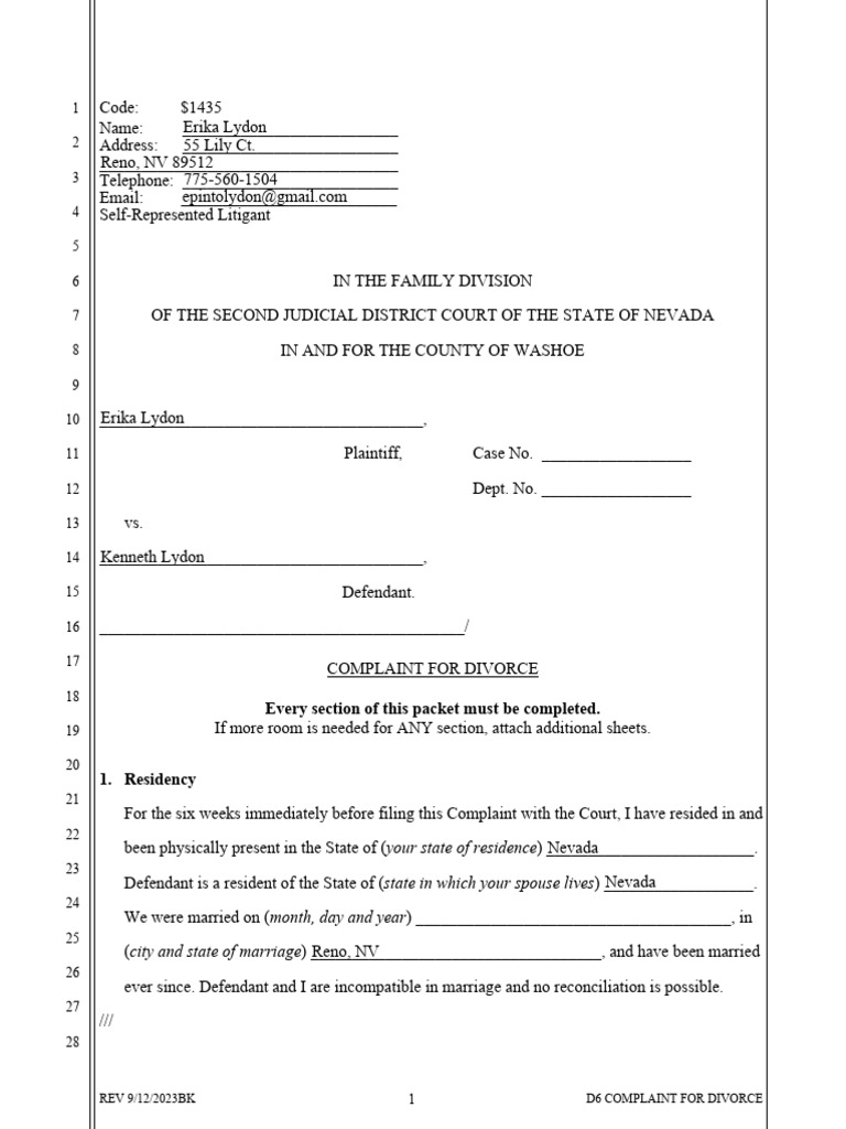 Divorce Complaint by Erika Lydon | PDF | Refinancing | Personal Finance