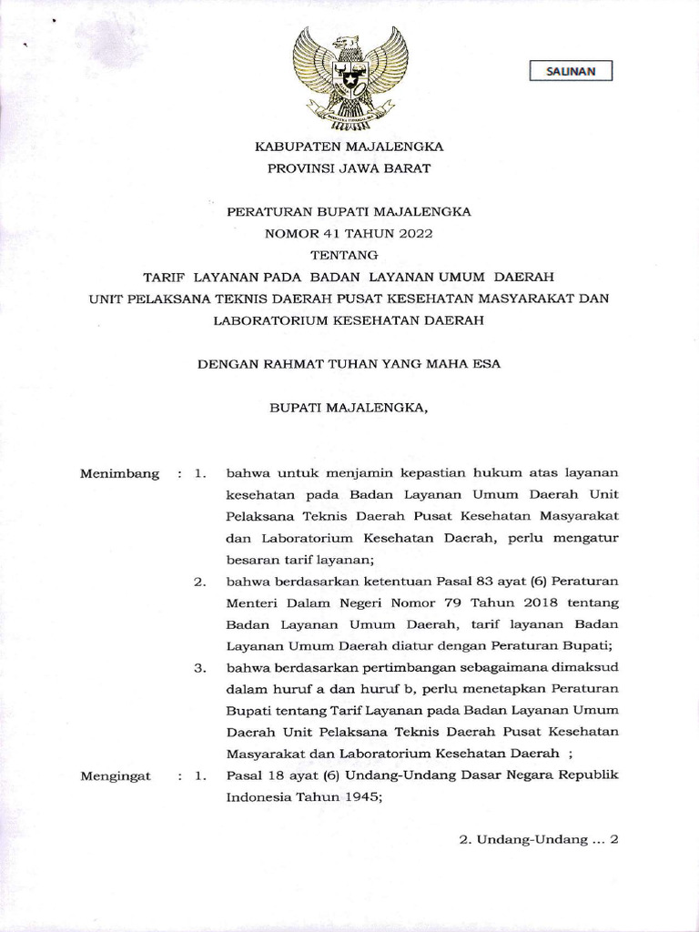 Perbup 2022 - 41 Tarif Blud Rsud Dan Labkesda - Compressed | PDF