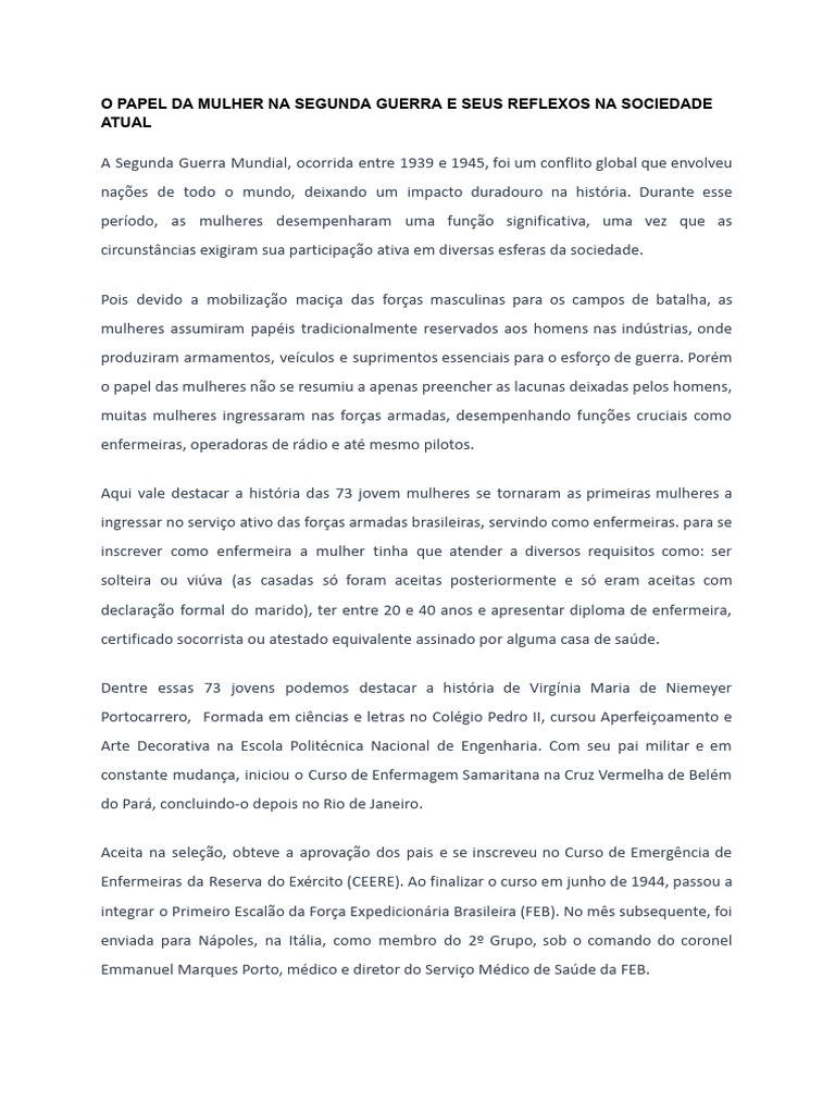 O Papel Da Mulher Na Segunda Guerra e Seus Reflexos Na Sociedade Atual ...