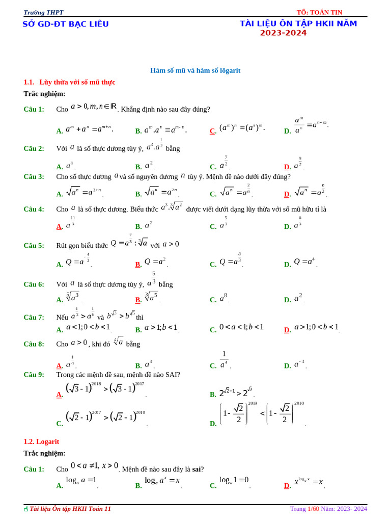 Ôn Tập Hkii Lớp 11 Gv -Năm 2024 | PDF