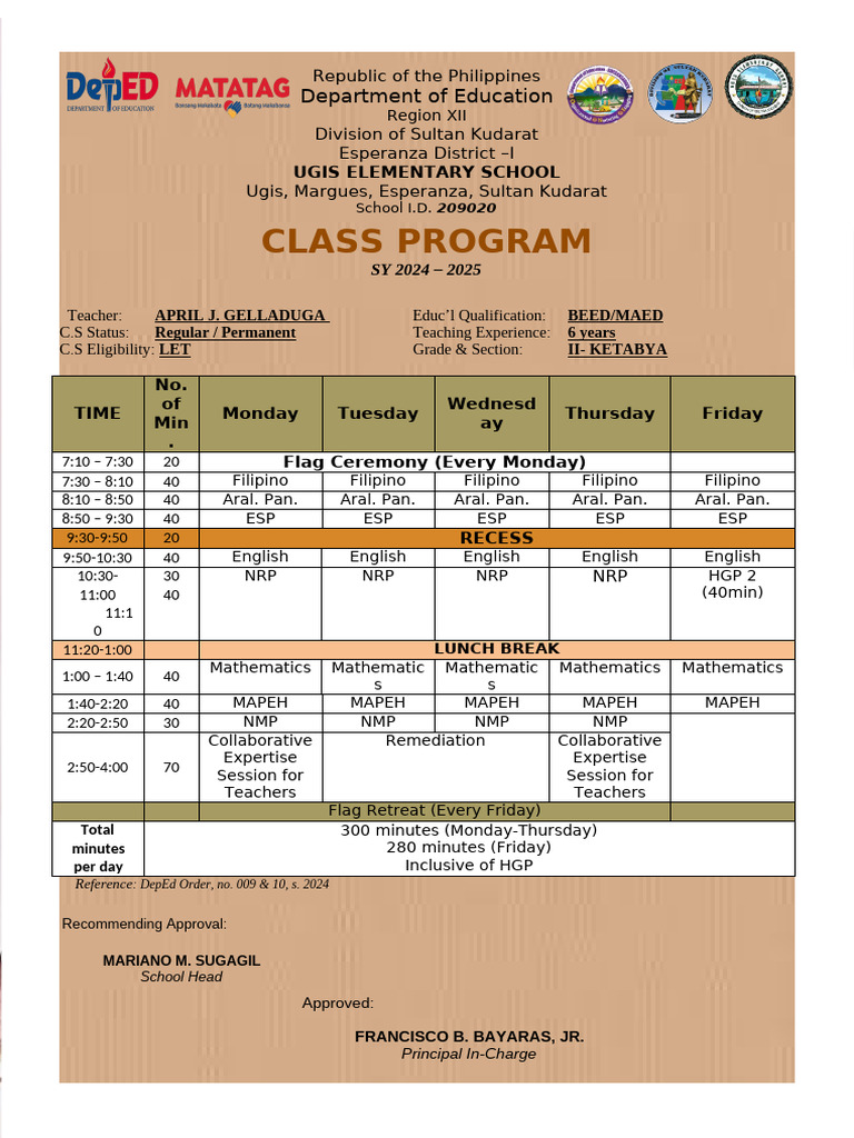 Grade 2 Class Program 2024-2025 | PDF | Philippines | Government