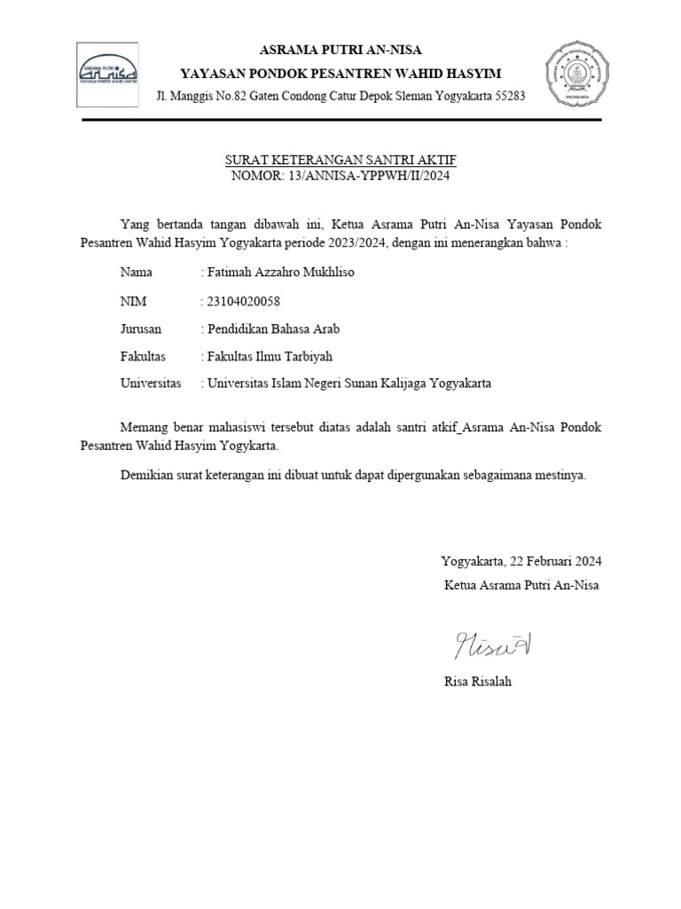Surat Keterangan Santri Aktif Fatimah 2 | PDF