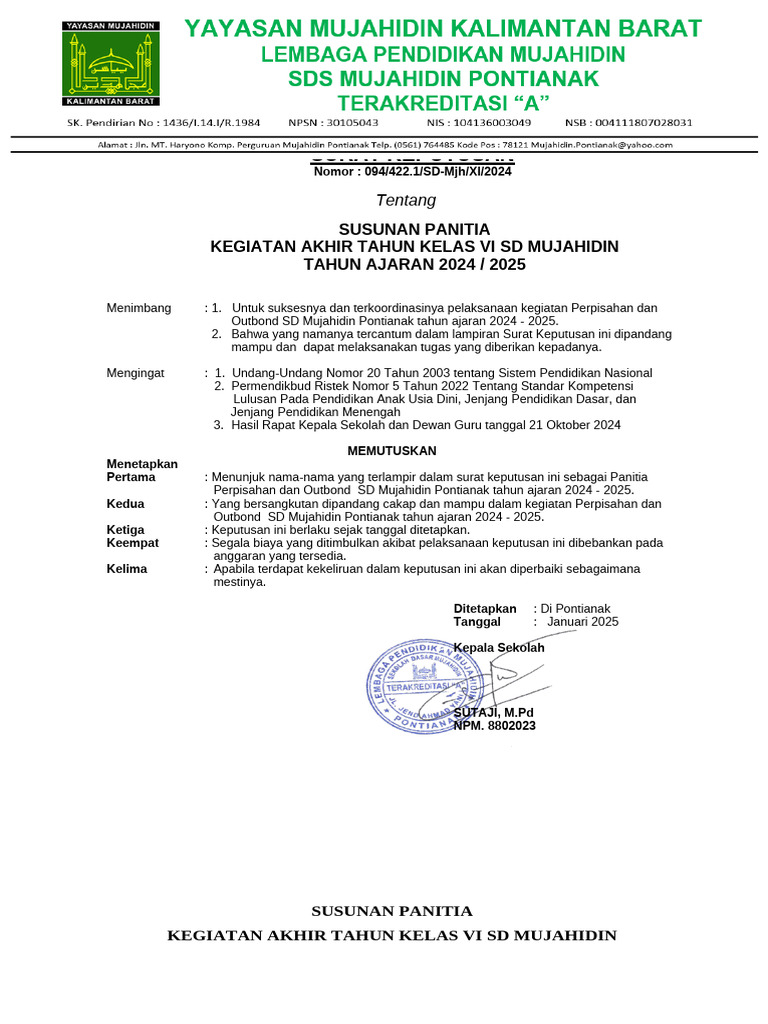 Biaya Kegiatan Akhir Tahun SD Mujahidin | PDF