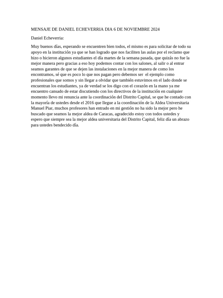 Mensaje de Daniel Echeverria | PDF