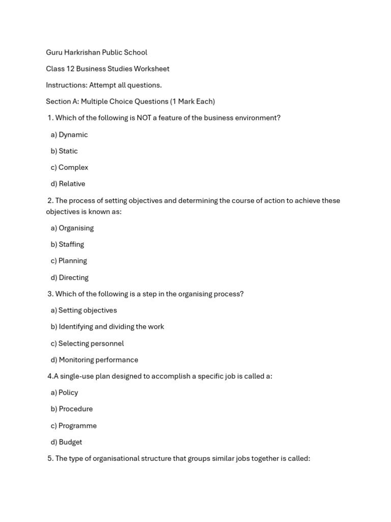Class 12 Business Studies Worksheet | PDF | Reason | Organizational ...
