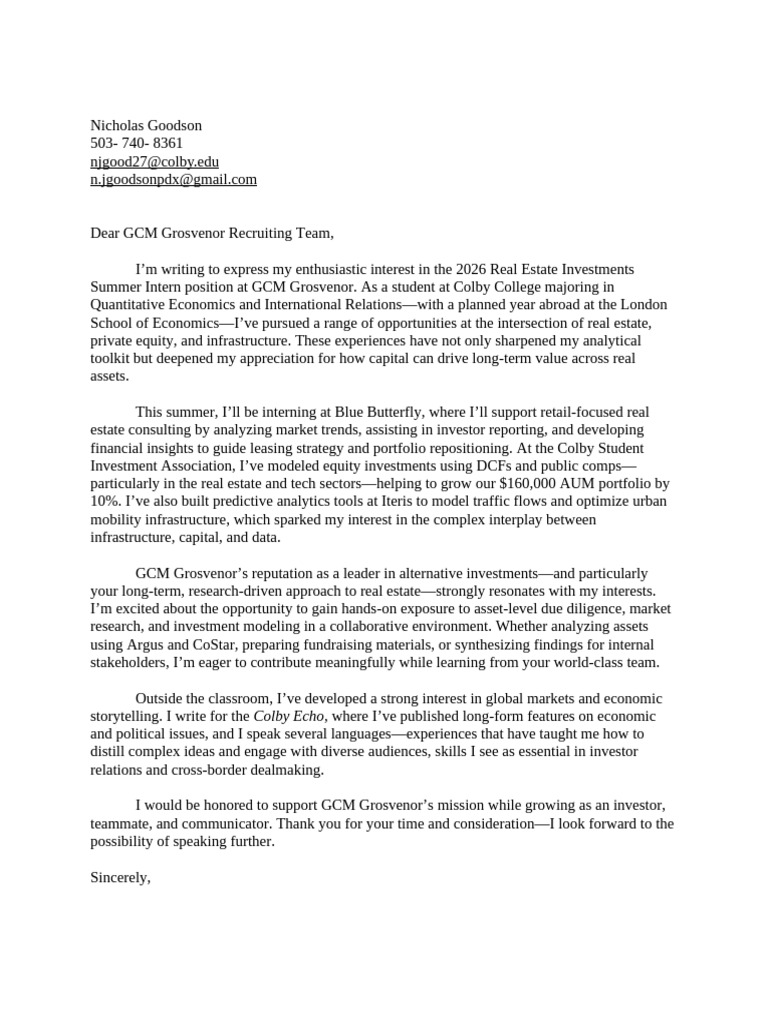 Nicholas Goodson Cover Letter | PDF | Investing | Business