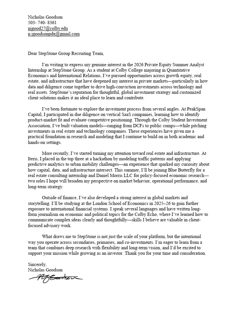 Nicholas Goodson Cover Letter | PDF | Investing | Economies