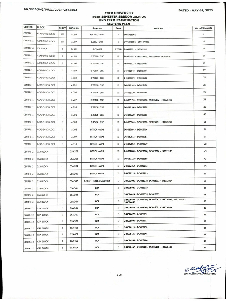 Seating Plan 1st Year | PDF