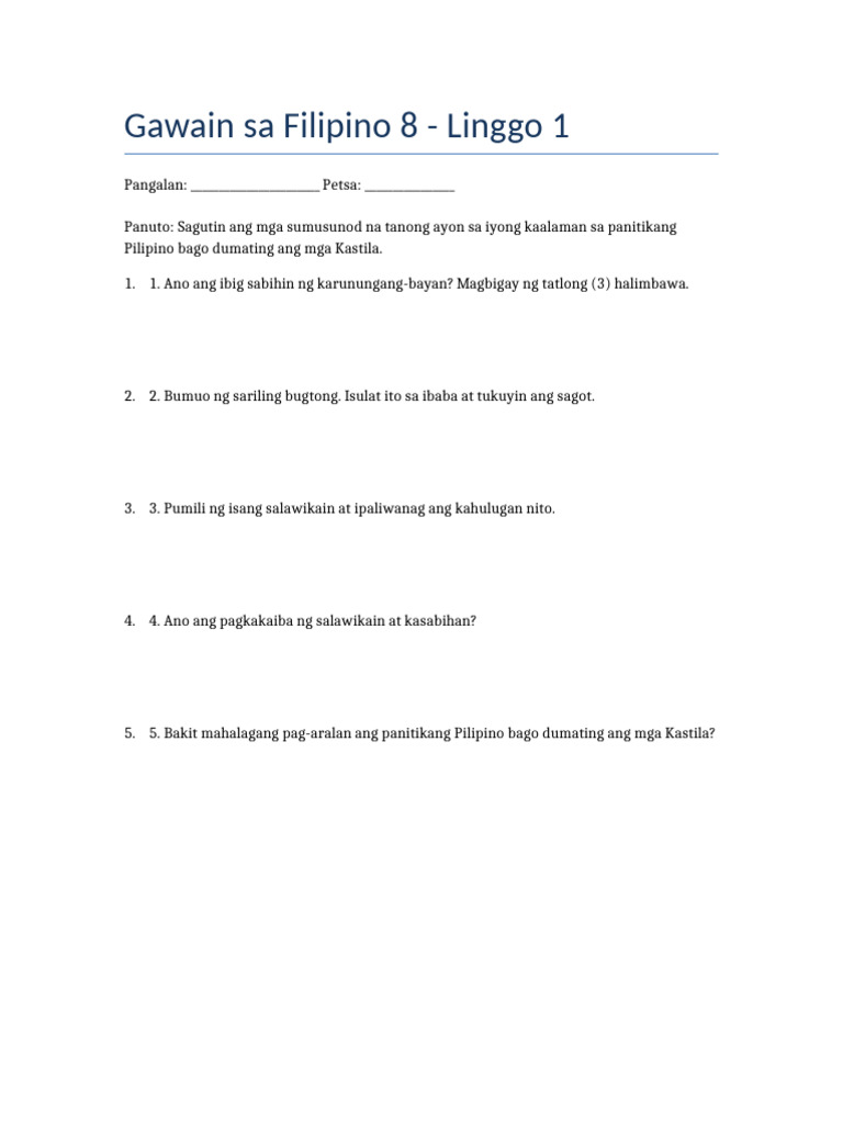 Worksheet Week1 Filipino8 Panitikan | PDF