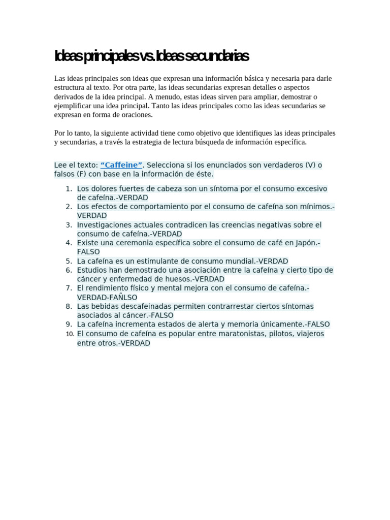 Ideas Principales vs. Ideas Secundarias | PDF
