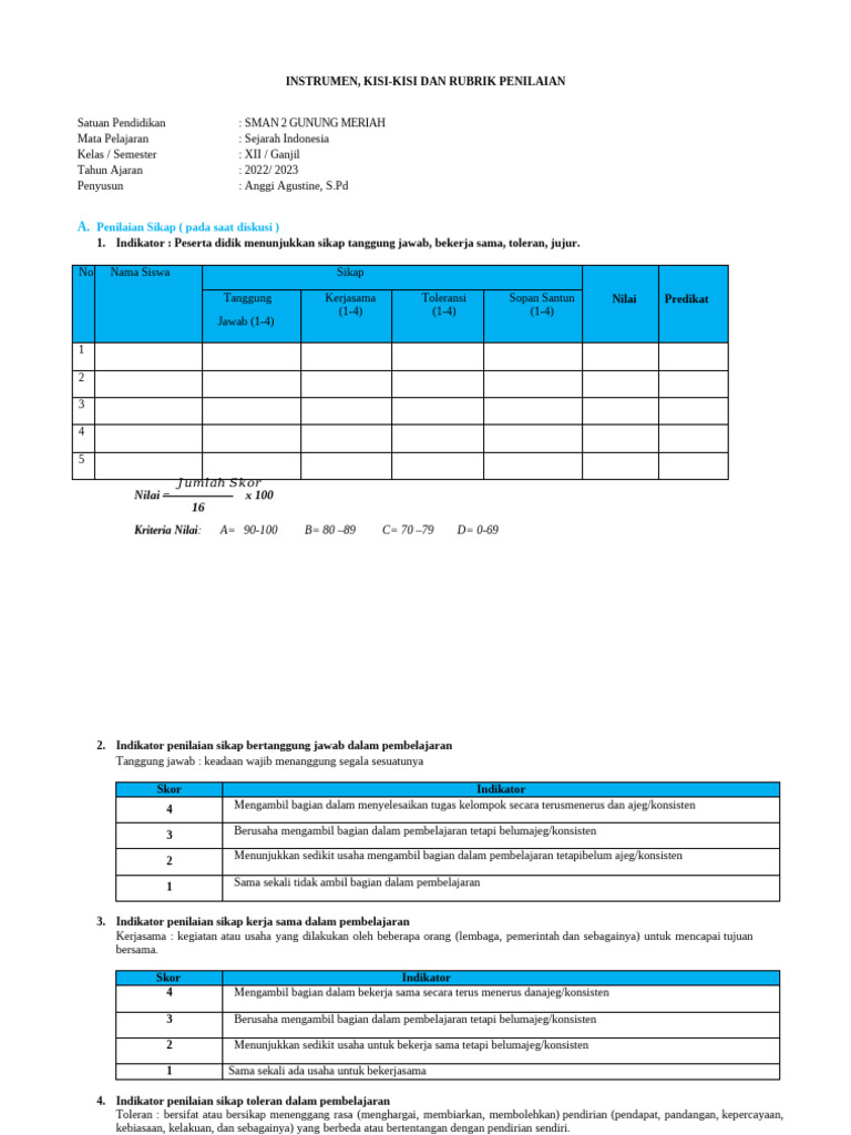 Kisi, Kisi, Instrumen Dan Rubrik Penilaian | PDF