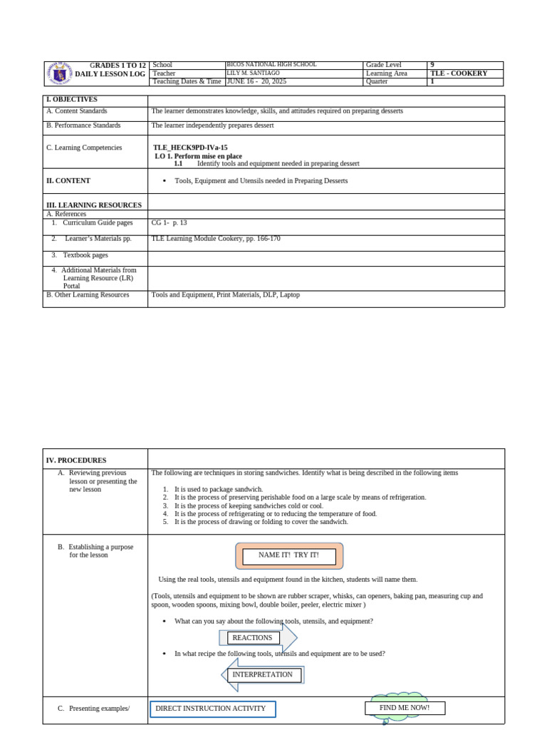 TLE Cookery Lesson Plan for Grade 9 | PDF | Kitchen Utensil | Learning