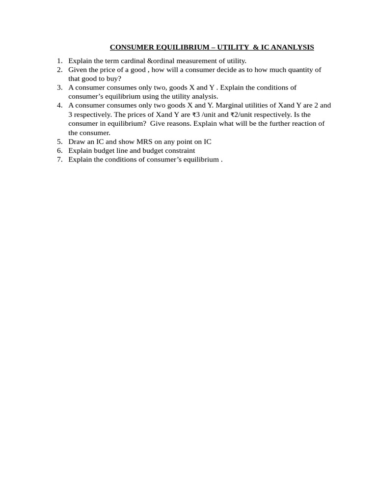 Consumer Equilibrium: Utility & IC Analysis | PDF