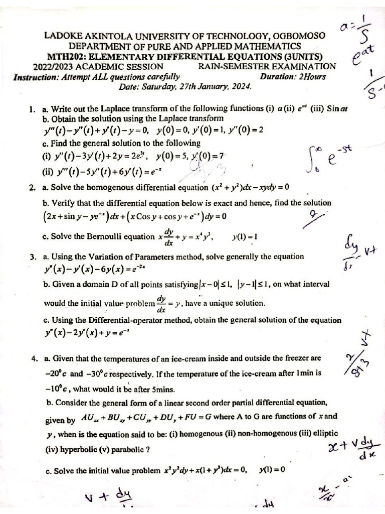 MTH 202 Past Questions | PDF