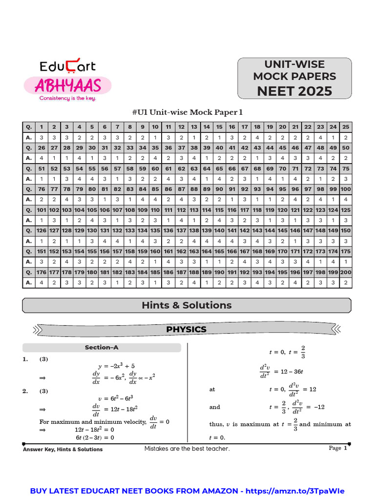 2025 NEET ABHYAAS U1 Solution | PDF | Acceleration | Physical Quantities