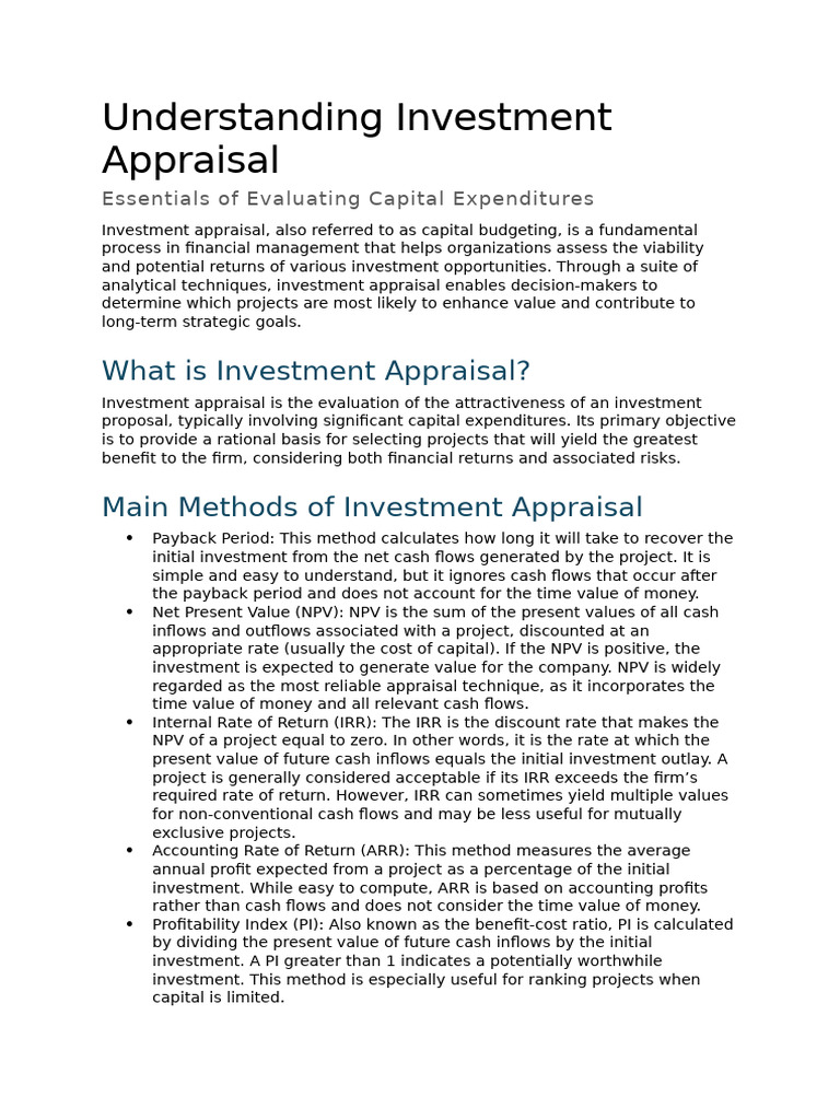 Understanding Investment Appraisal | PDF | Capital Budgeting | Net Present Value