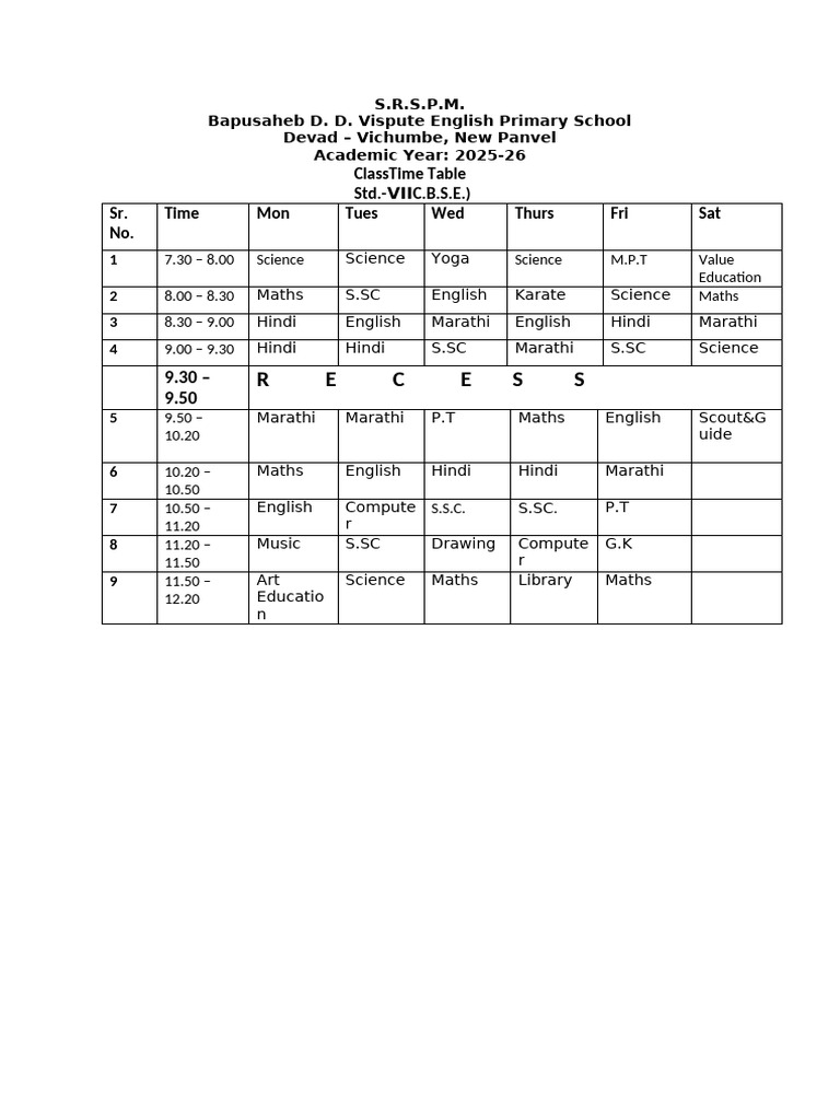 7th CBSE Class Time Table-1 | PDF