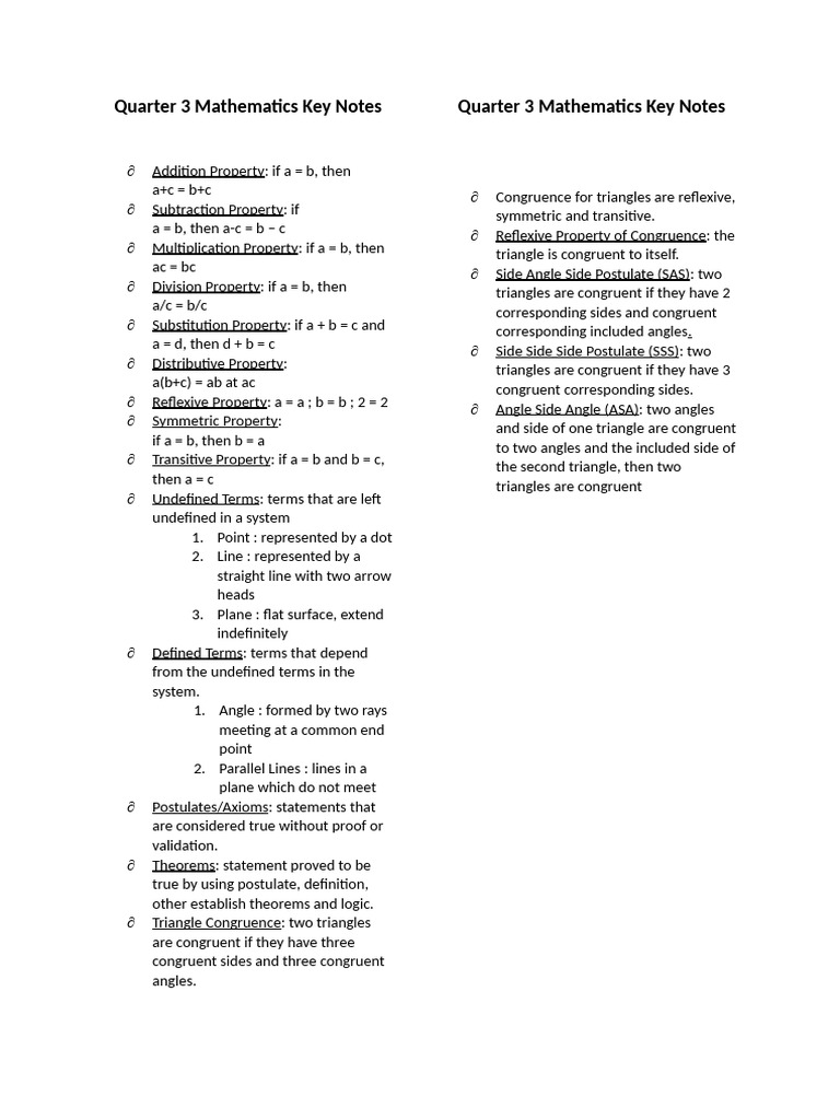 Quarter 3 Mathematics Key Notes | PDF