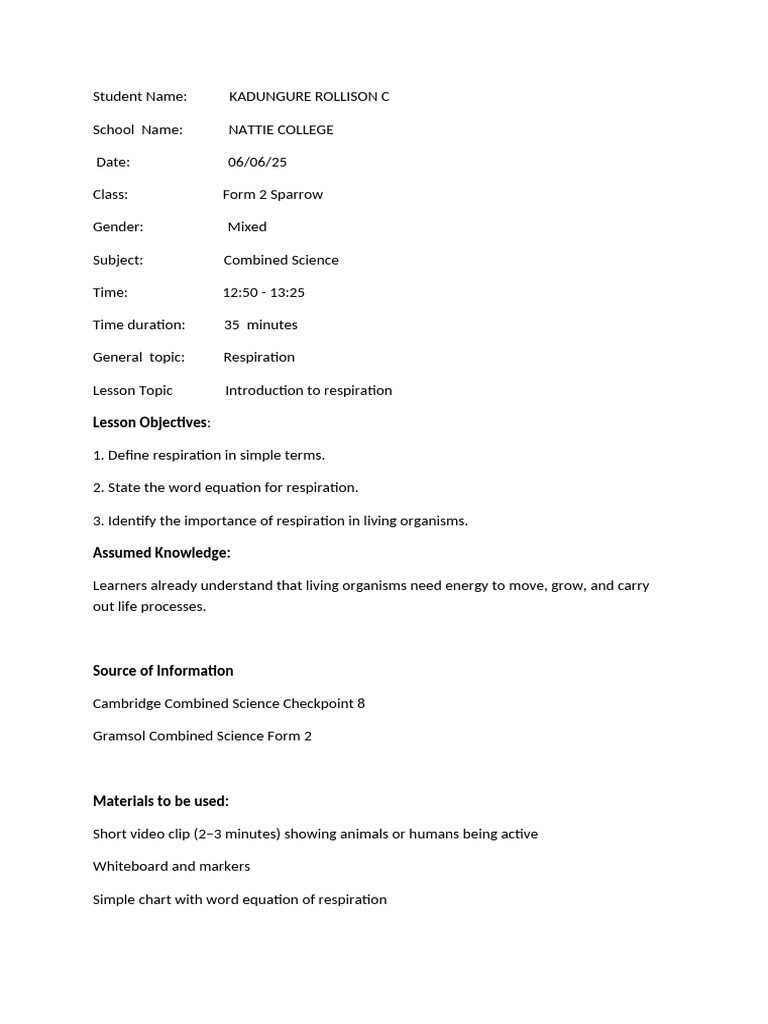 Introduction to Respiration Lesson Plan | PDF | Learning | Cellular ...