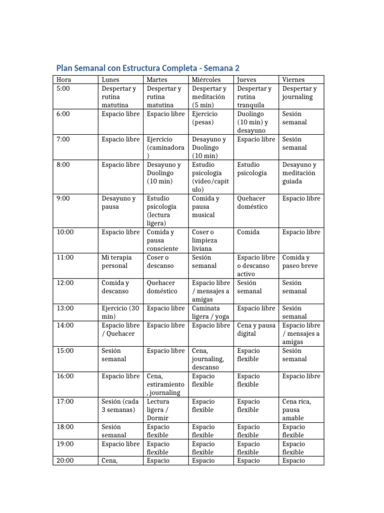 Plan Semanal Detallado - Semana 2 | PDF | Cena