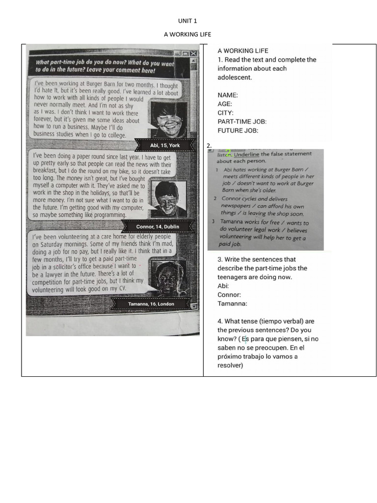 6to Año UNIT 1 - A WORKING LIFE | PDF