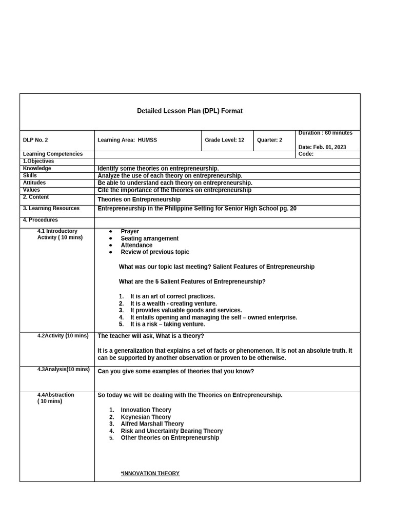Detailed Lesson Plan - HUMSS 12 | PDF | Entrepreneurship | Recession