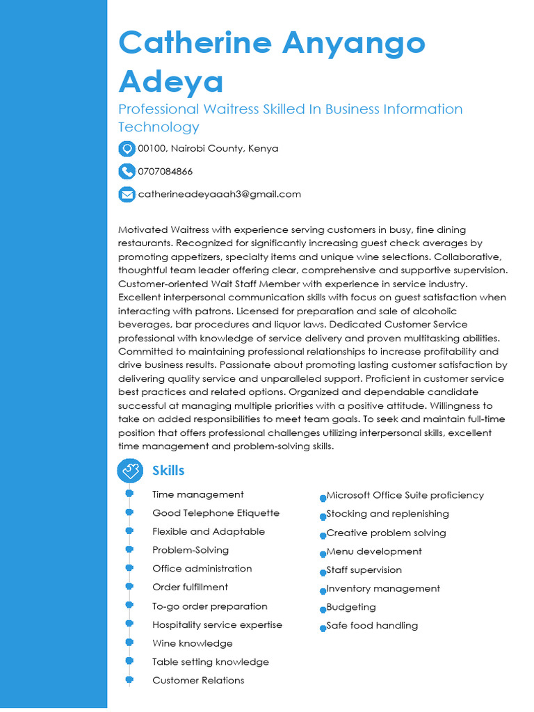 CatherineAnyango Adeya Resume 833 | PDF | Waiting Staff