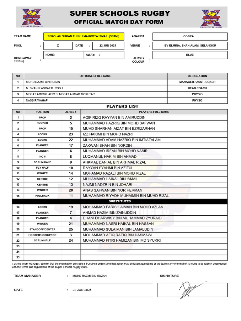 SSTMI Rugby Team Match Day Form | PDF | Sports | Sports Rules And ...
