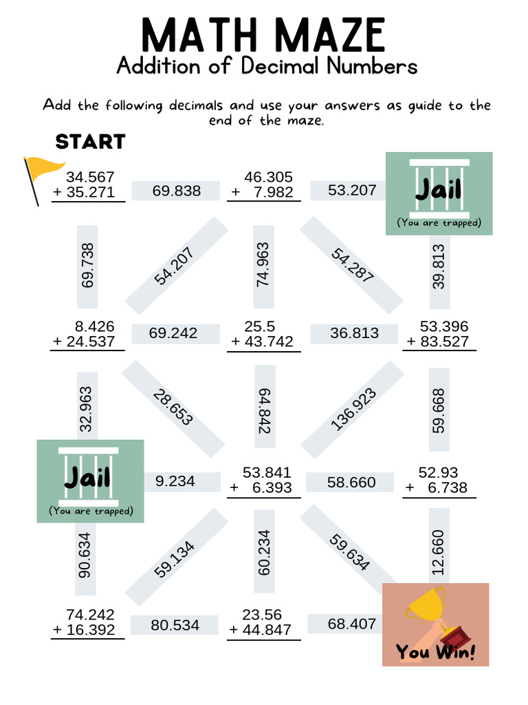 Colorful Pastel Decimals Math Maze Worksheet | PDF