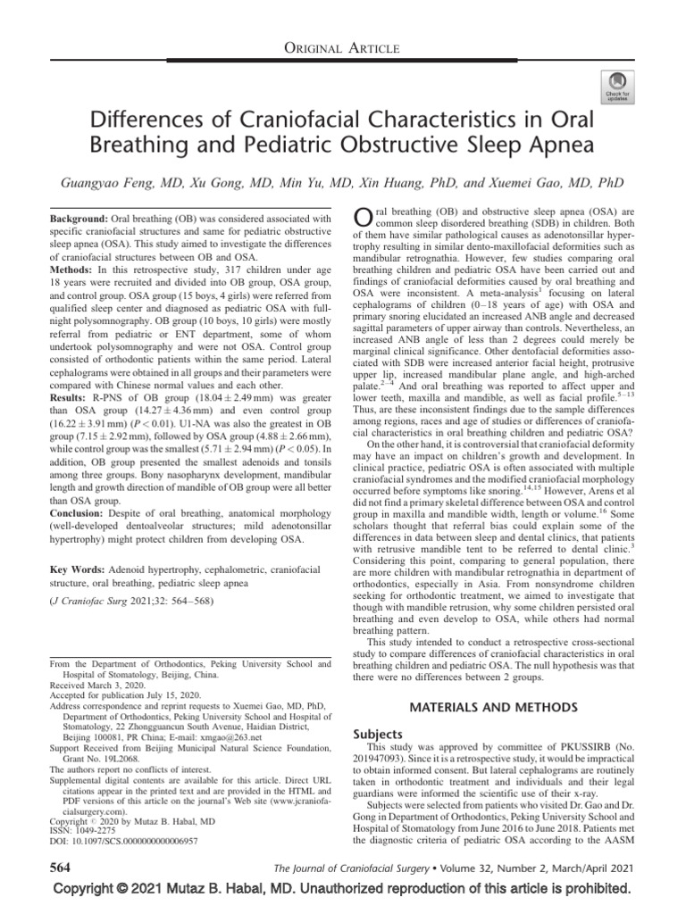 Differences of Craniofacial Characteristics in Oral Breathing and Pediatric Obstructive Sleep ...