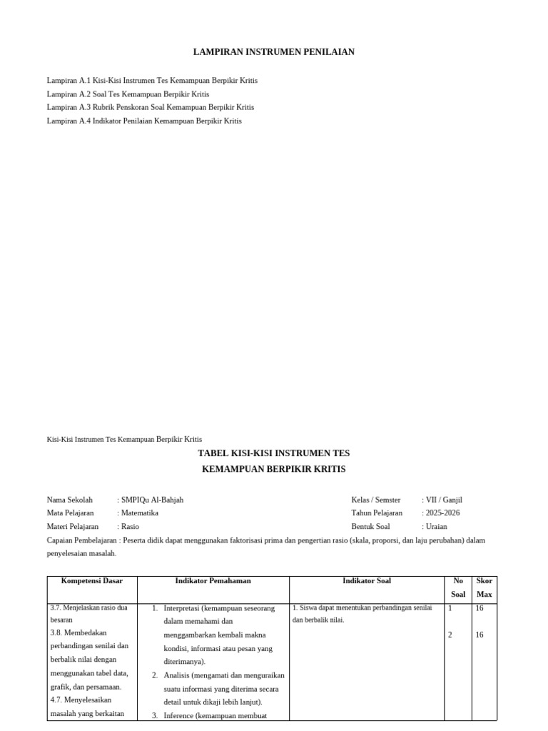 Instrumen & Rubrik Soal Rasio | PDF