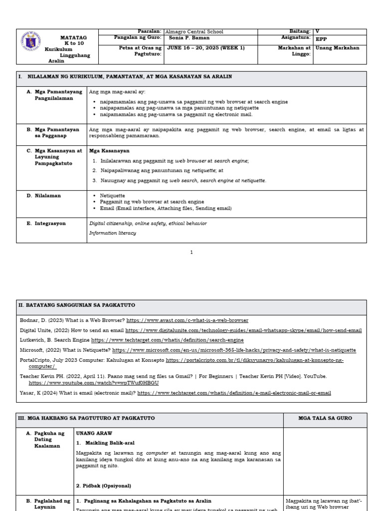 Epp 5 DLL Matatag - q1 - w1 | PDF