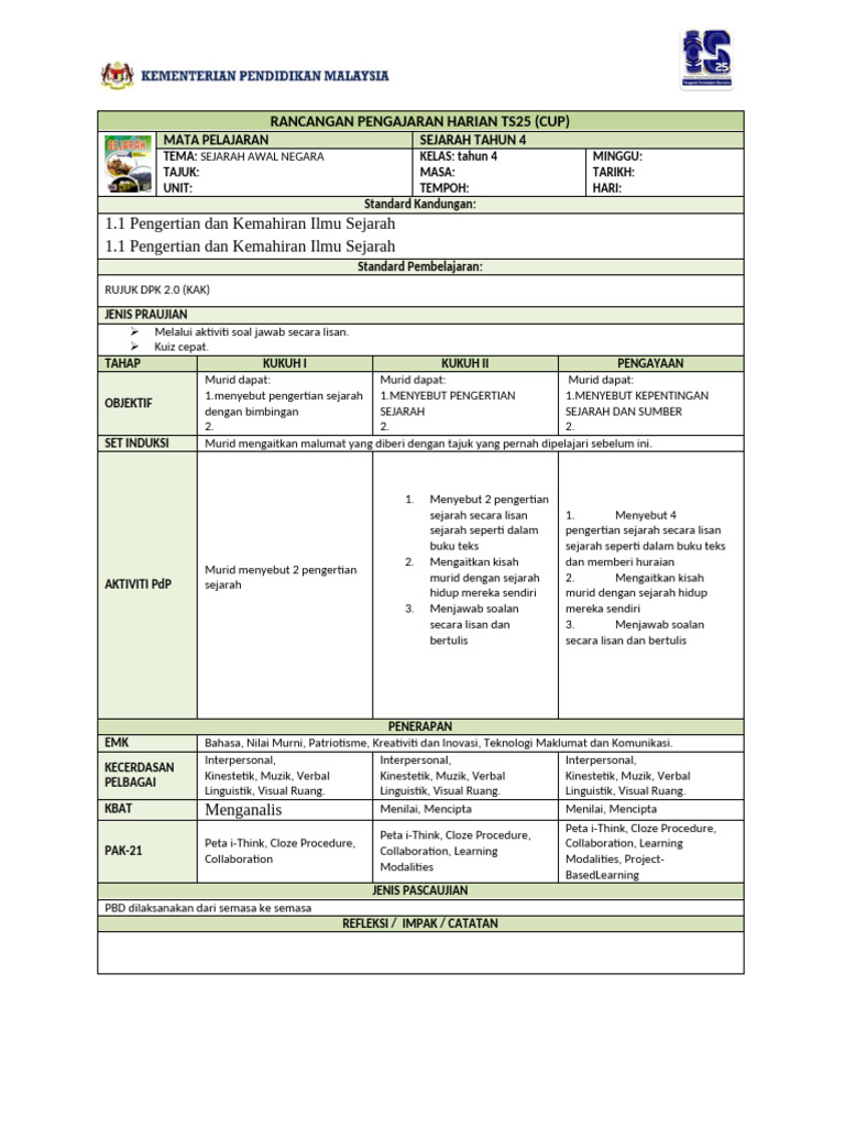 RPH Cup-Sejarah THN 4 (Tapak) | PDF