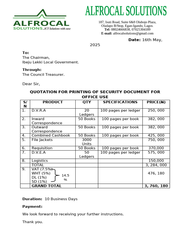 Alfrocal Solutions Quotation For Printing of Security Document For ...