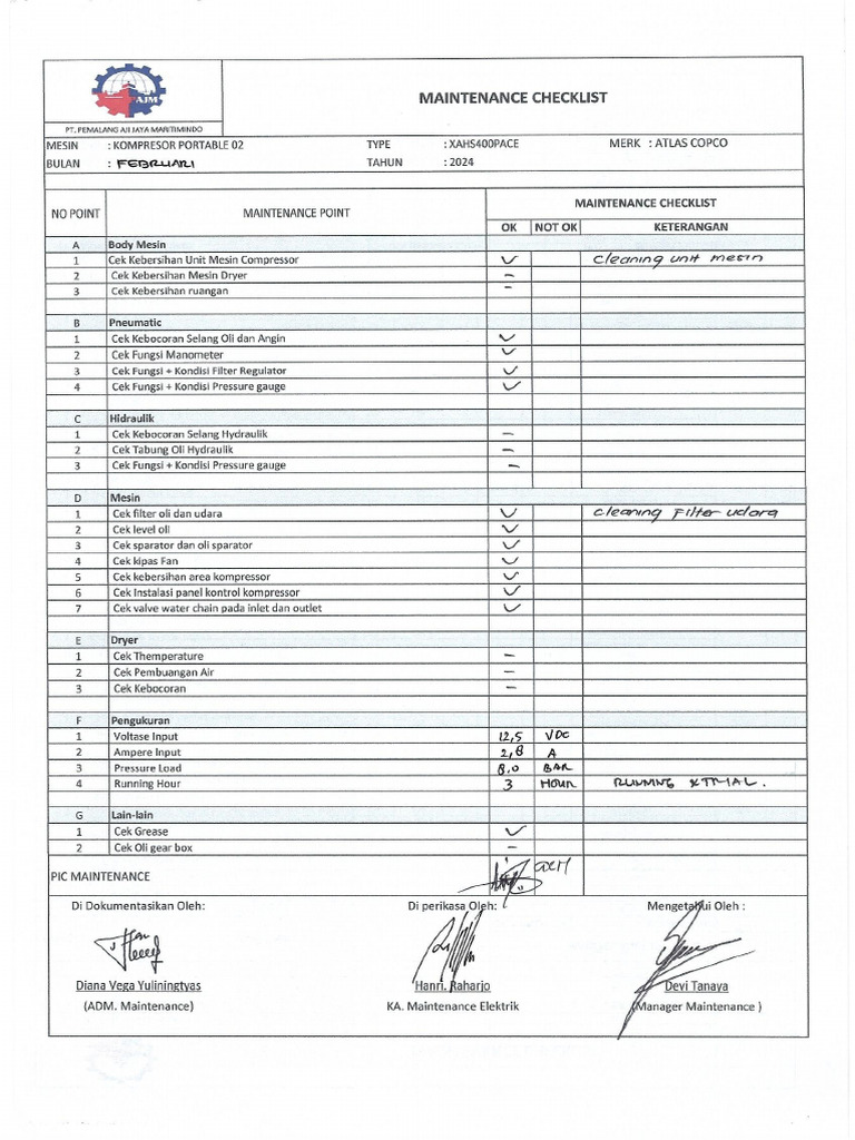 MC Compressor Portable 02 Monthly Equipment Checklist | PDF