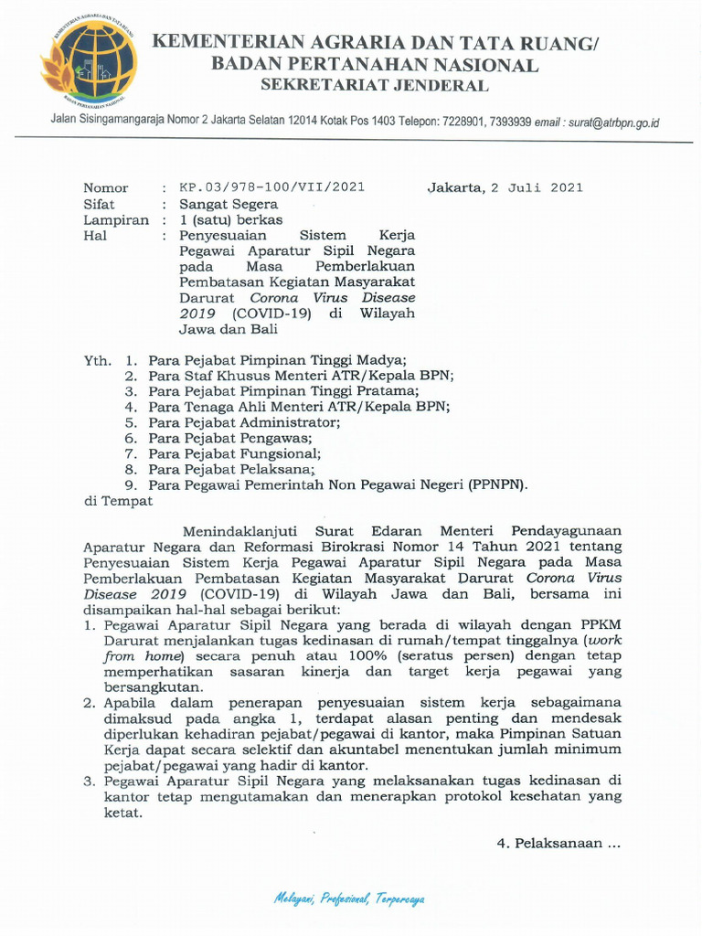 Edaran PPKM Darurat Kementerian ATR BPN | PDF