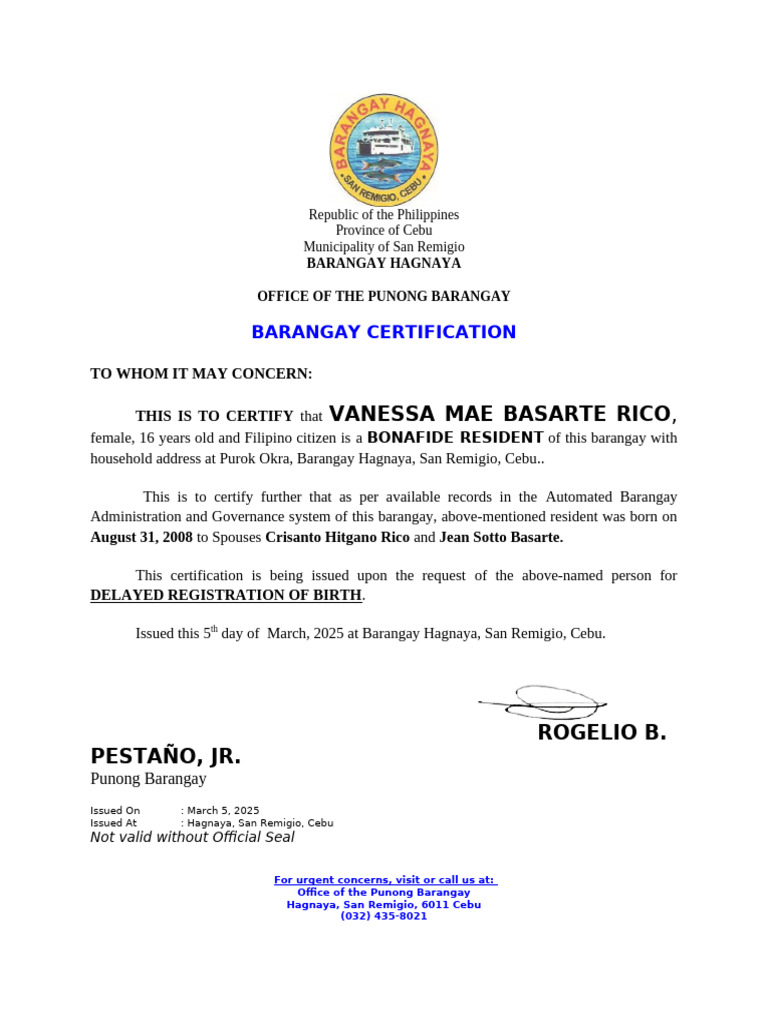 Barangay Certification for Delayed Birth | PDF