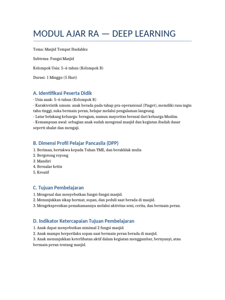 Modul Ajar RA Deep Learning Masjid | PDF