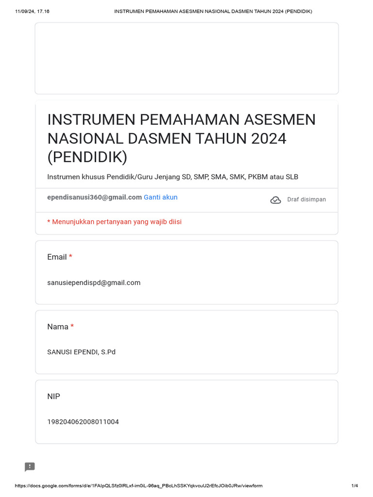Instrumen Pemahaman Asesmen Nasional Dasmen Tahun 2024 (Pendidik) | PDF
