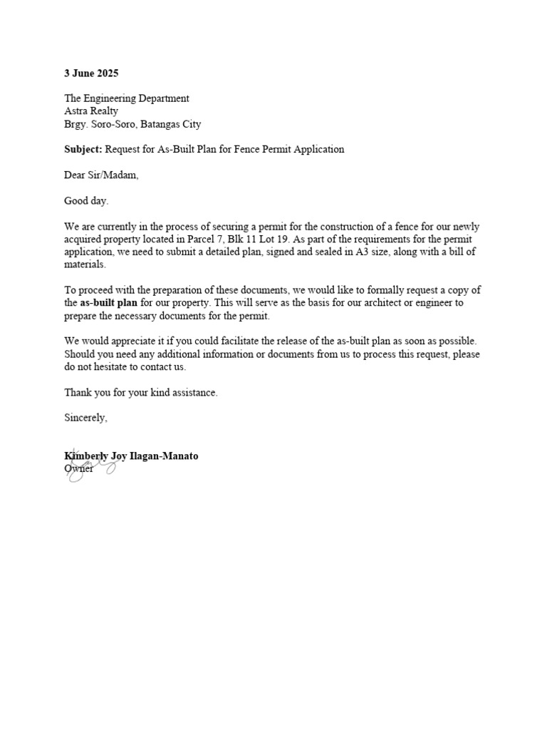 Request for As-Built Plan for Fence Permit | PDF