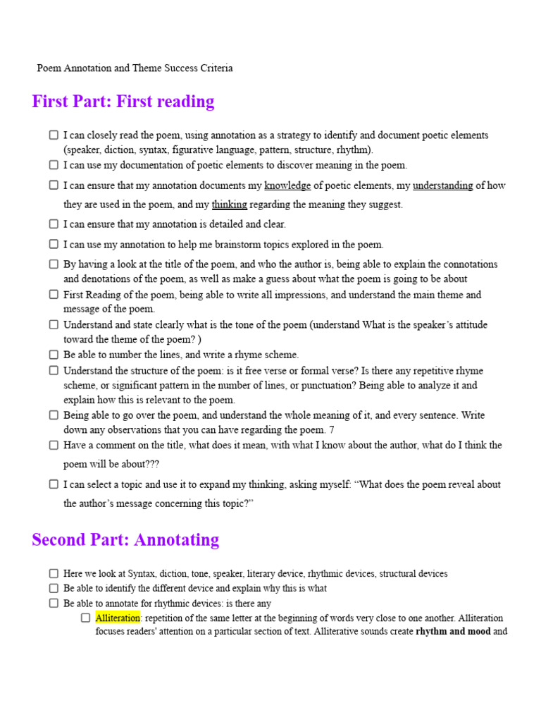 Inaya Mohamed - Final Poem Annotation and Theme Success Criteria | PDF ...