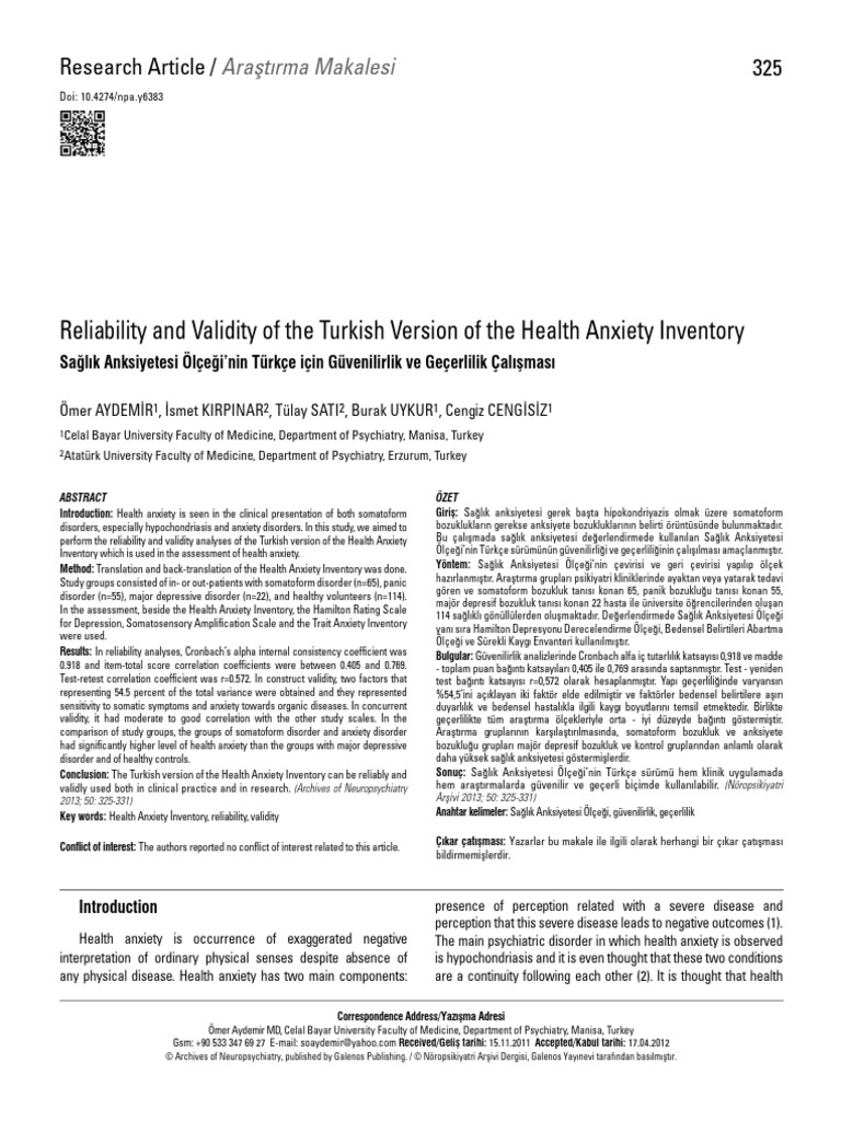 Aydemir Et Al - Validity and Reliability of SHAI Turkish | PDF | Mental ...