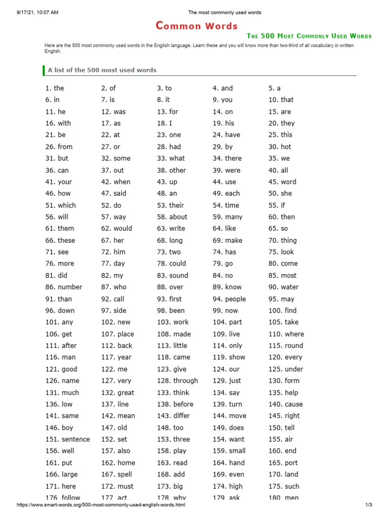 500 Most Common English Words List | PDF | Linguistics