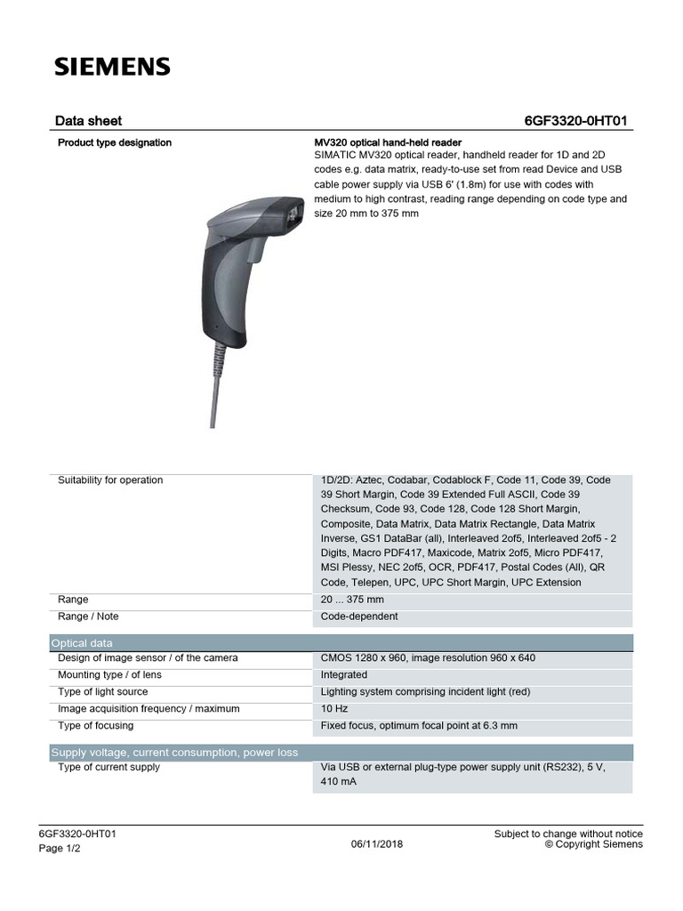 MV320 Handheld Optical Reader Data Sheet | PDF | Usb | Camera