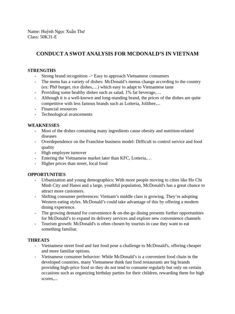SWOT Analysis of McDonald's Vietnam | PDF | Mc Donald's | Vietnam